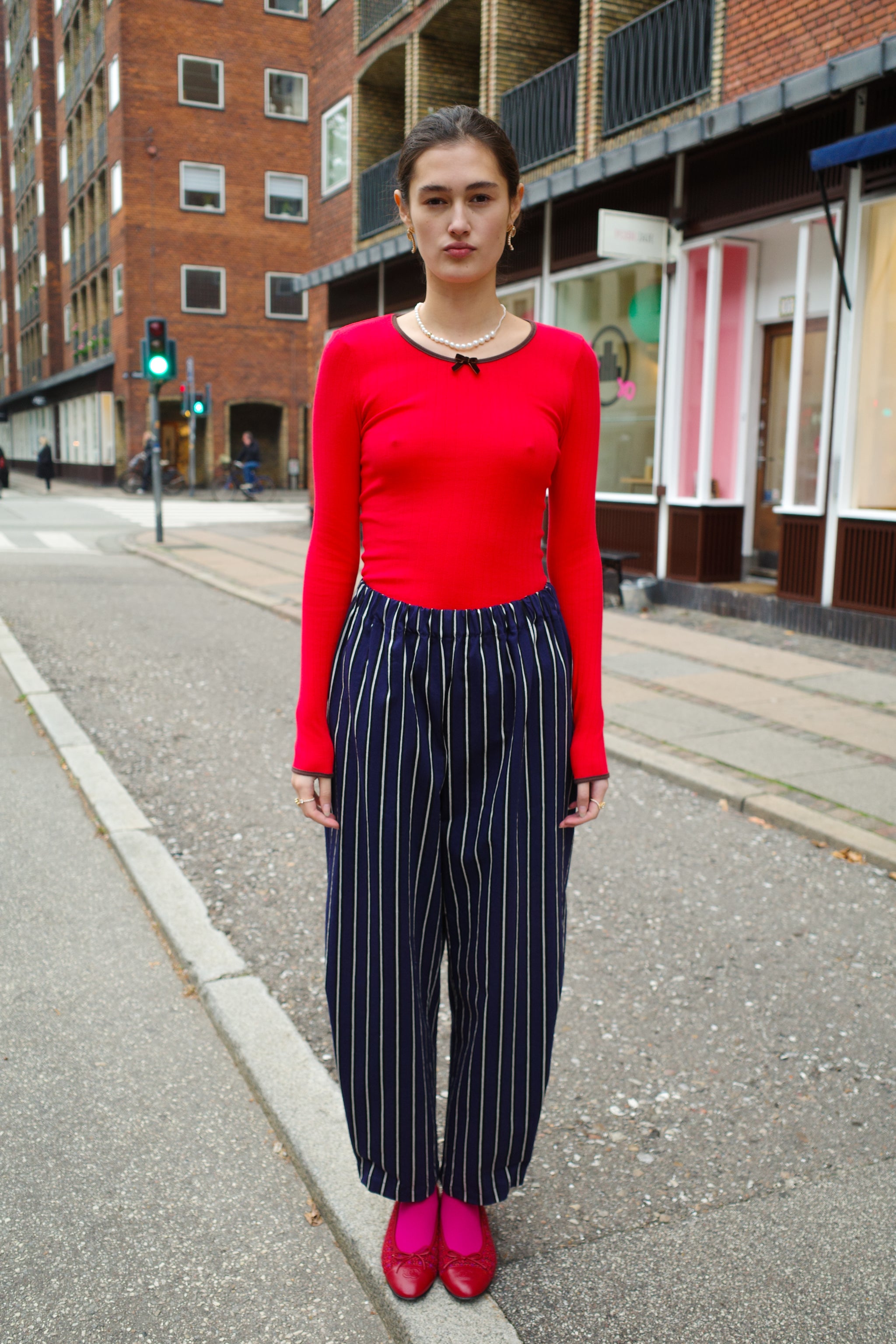 Caro Editions Coco Pants - Blue with White Red Stripe and Bows