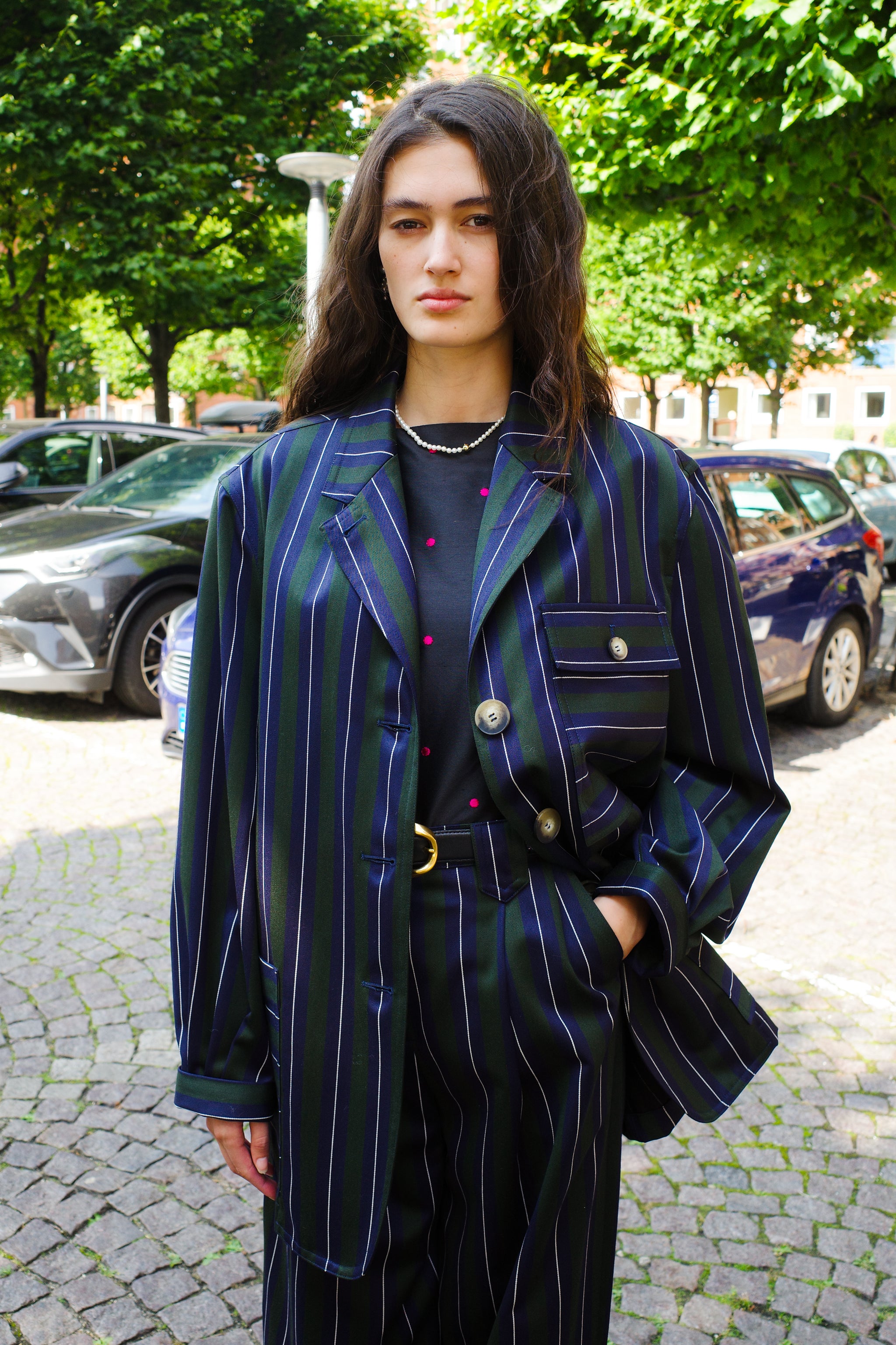 Frederik Jacket Moon Wool Mix Navy/Green/White Stripe